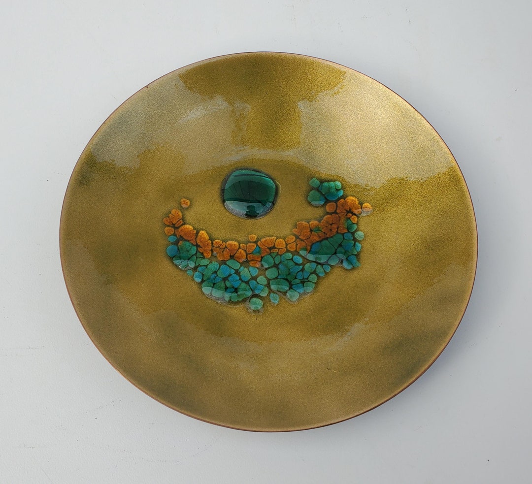 Mid Century Era Bovano Enamel on Copper Circular Tray - Abstract Green ...