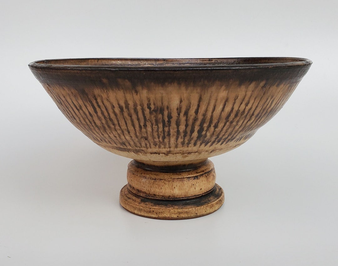 Jack Turner Stoneware Large Flaring Compote Bowl - Vertical Carved ...