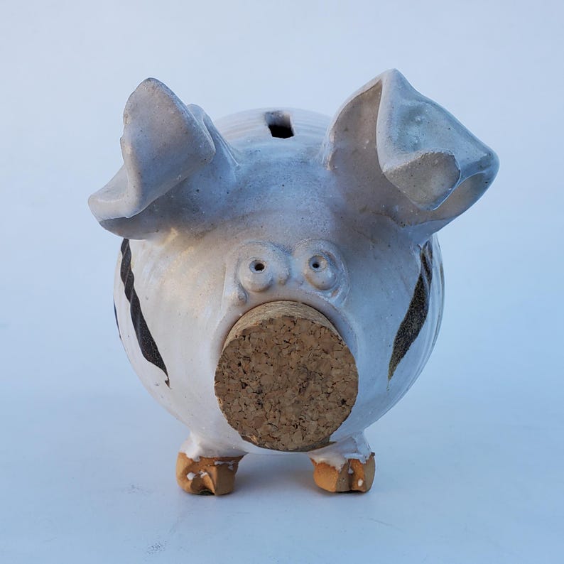 Decorated Studio Pottery Piggy Bank - Curly Hand Formed Ears and Tail ...