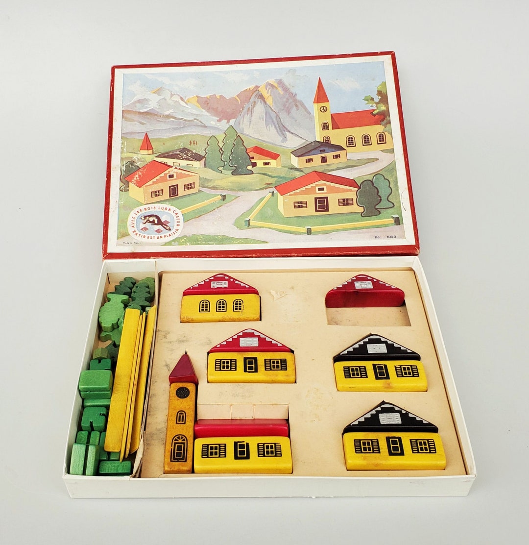 Vintage Wooden Block House Building Block Set - France - Avec Les Bois ...