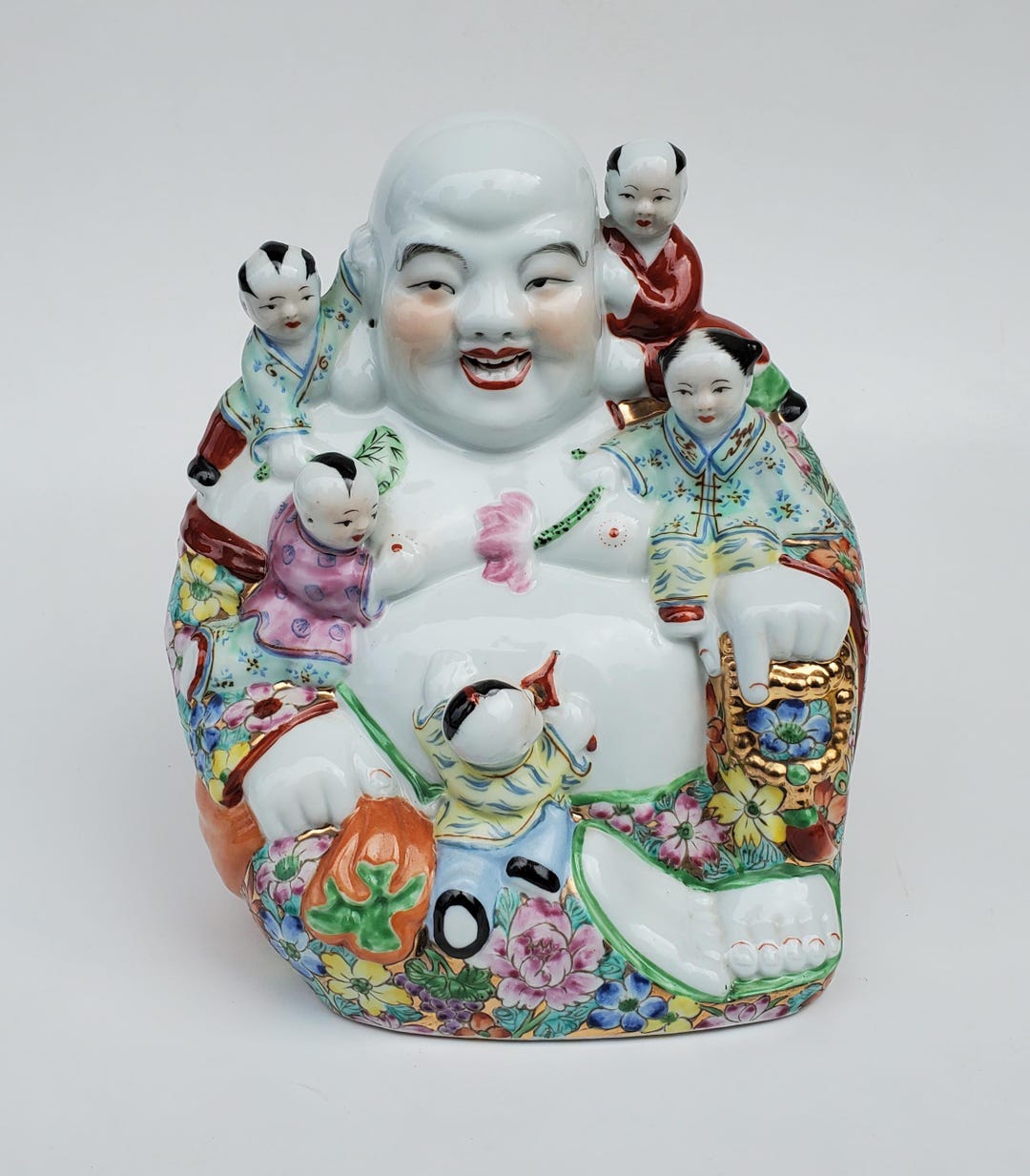 Large Chinese Porcelain Smiling Buddha Fertility Statue - Colorful ...