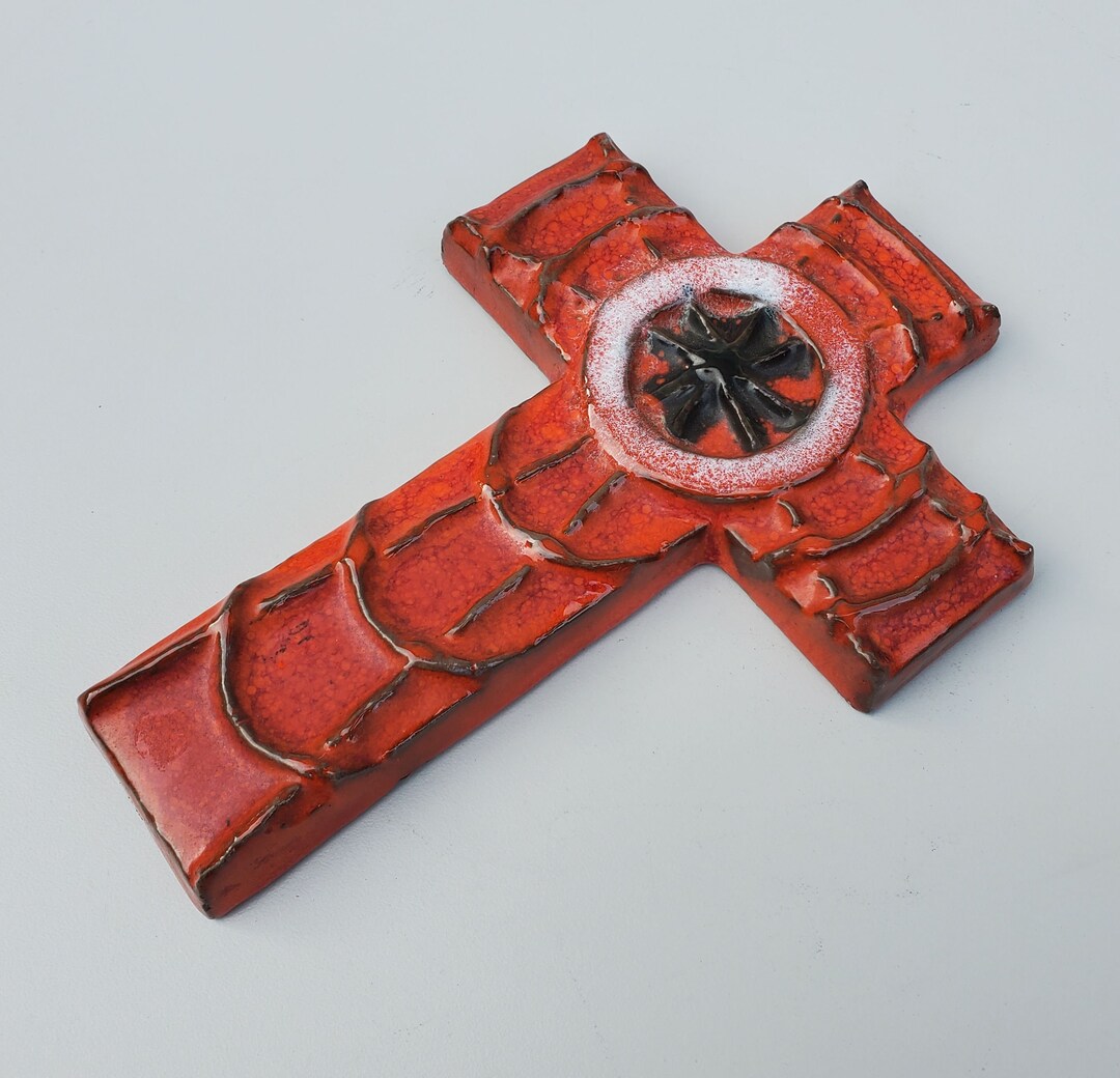 Mid Century Era Orange Ceramic Religious Cross - Raised Spider Web Type ...