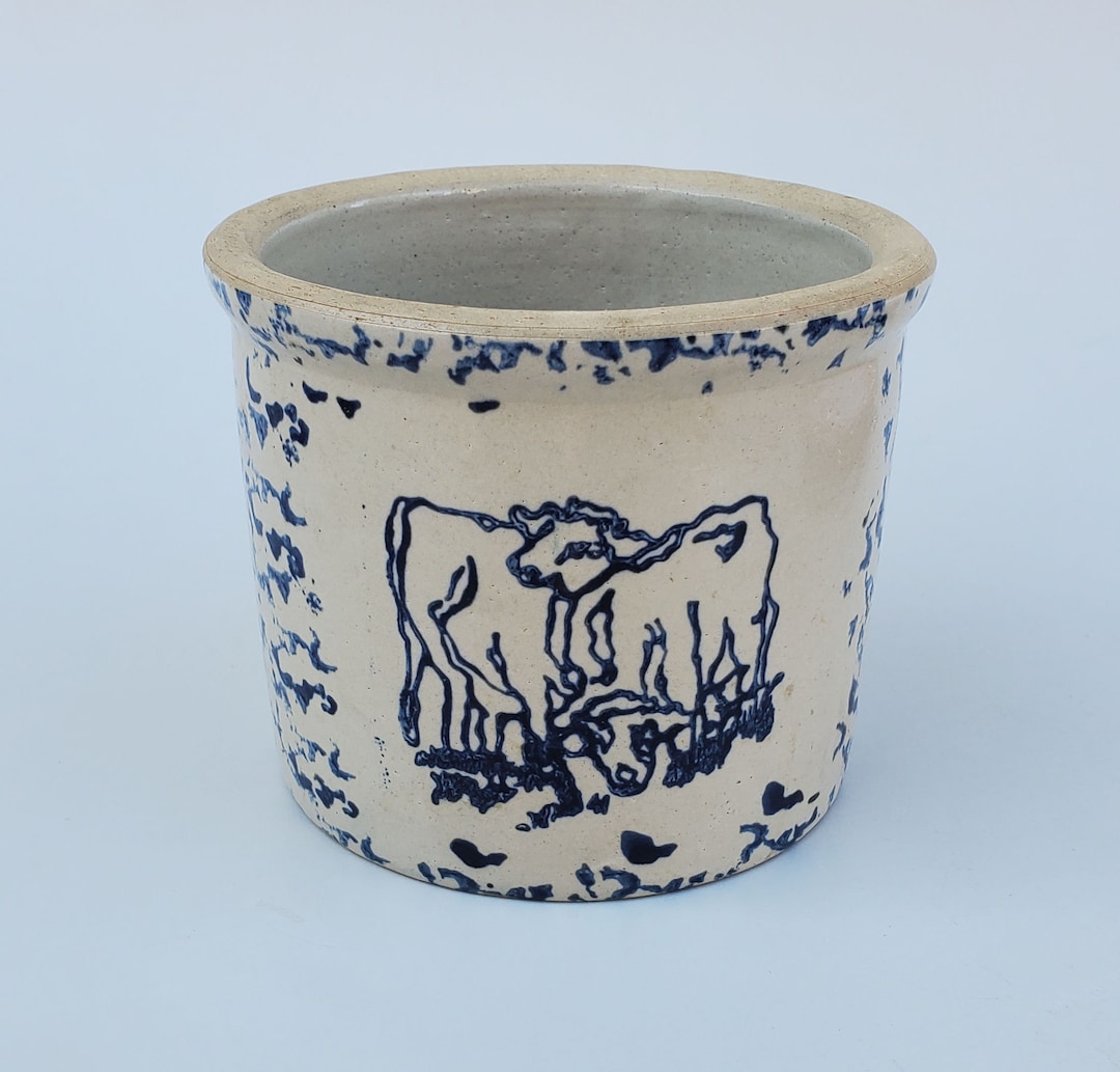 Country Style Stoneware Mini Crock - Decorated Cow Design - Blue ...