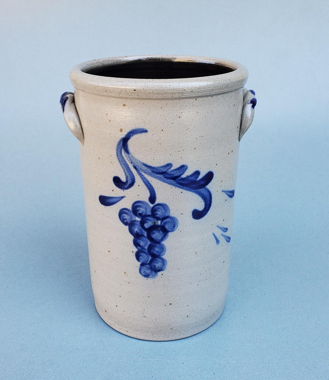 Rowe Pottery Handled Stoneware Crock Utensil Holder - Cobalt Blue Grape ...