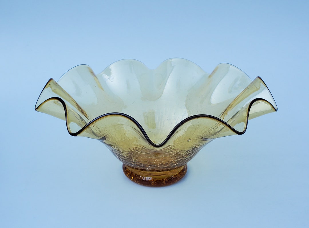Amber Wavy Rim Crackle Art Glass Bowl - Bischoff Art Glass - Mid ...