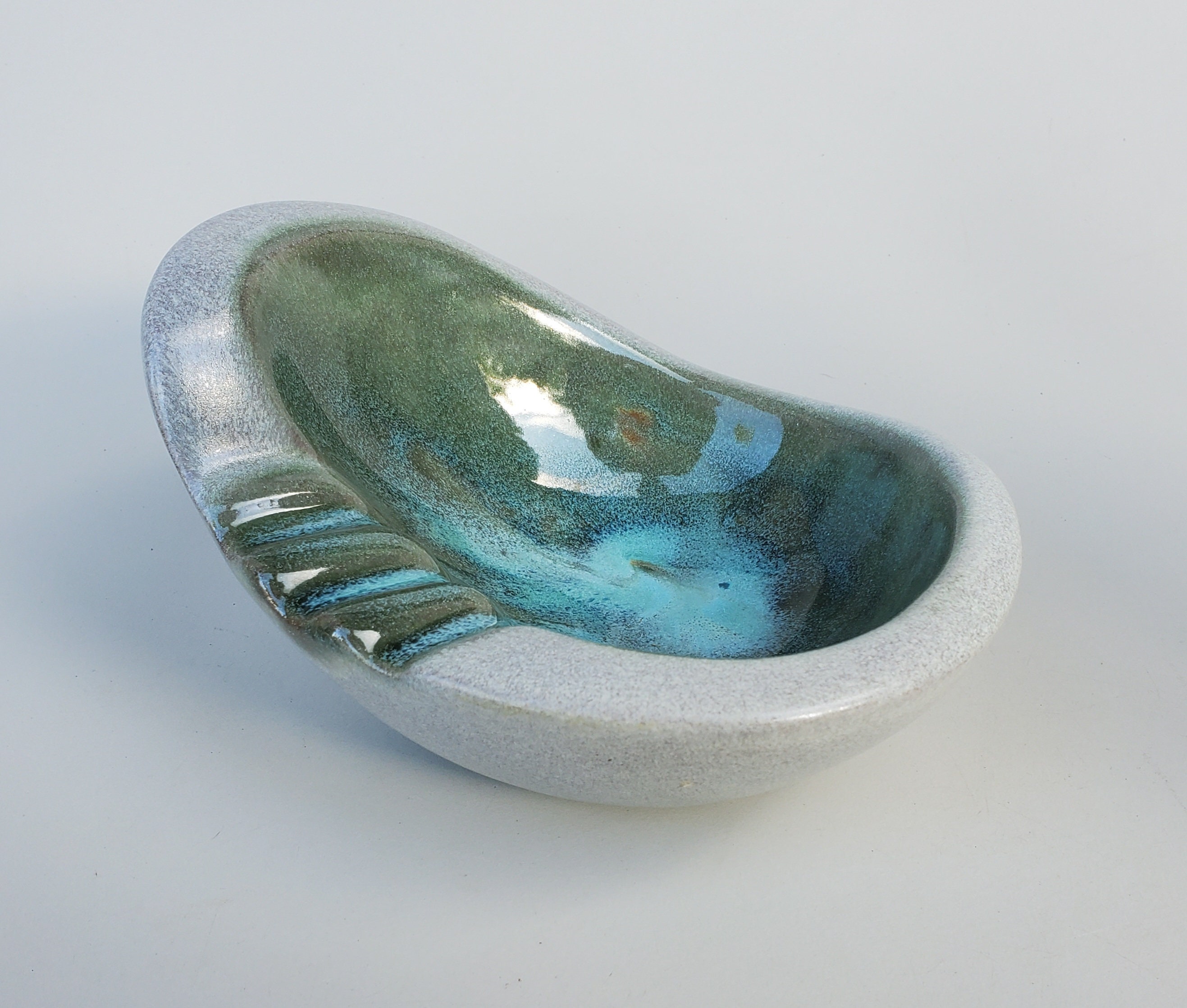 Mid Century Era Biomorphic Ceramic Ashtray - Gray Glaze With Green ...
