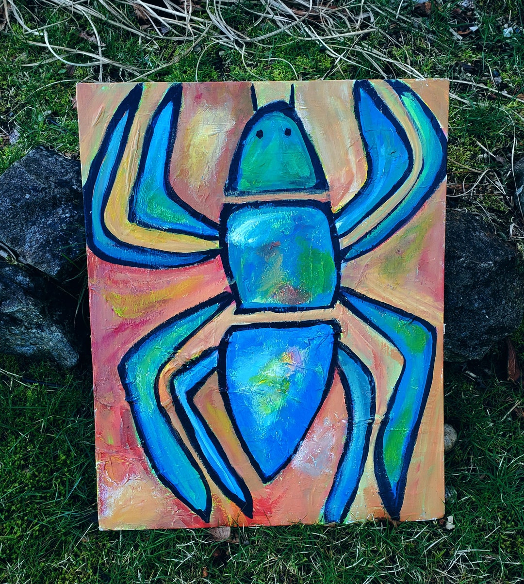Blue Abstract Spider Oil Painting Mid Century Style Original - on ...