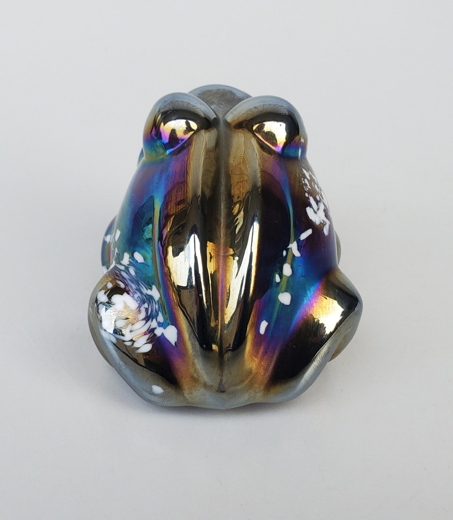 Art Glass Figural Frog - Purple Iridescent Carnival Glass With White ...