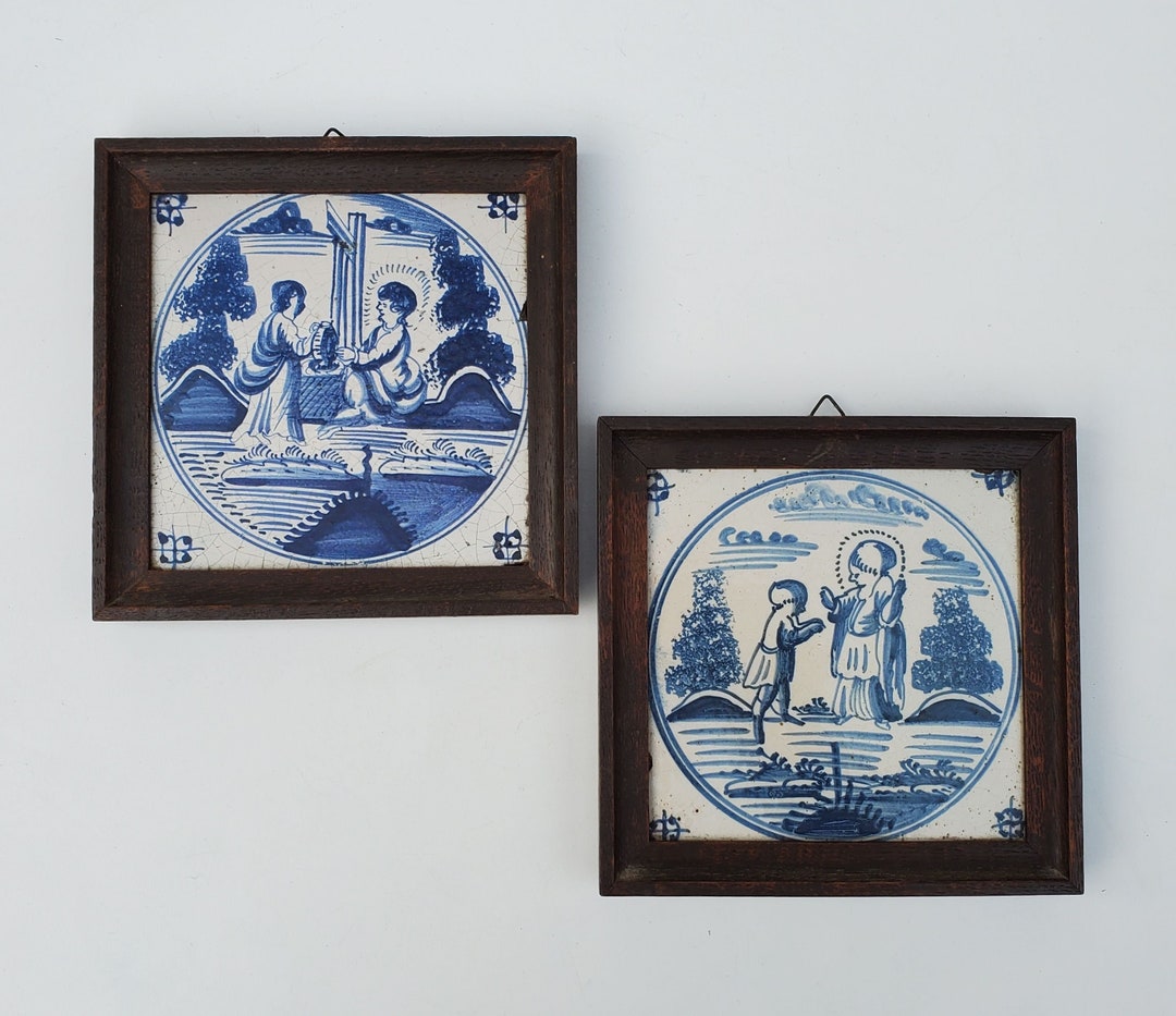 Early Framed Dutch Tile Biblical Scenes - Set of Two Old Tiles - Jesus ...