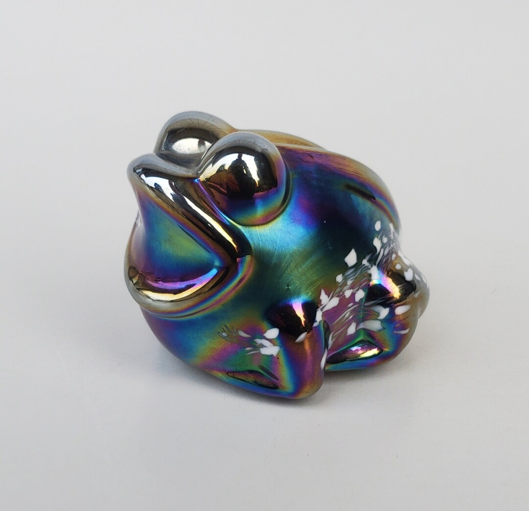 Art Glass Figural Frog - Purple Iridescent Carnival Glass With White ...