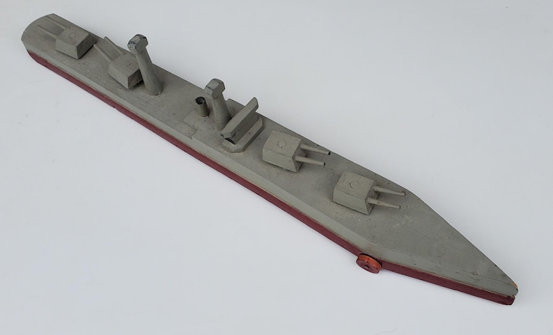 Antique Wooden Battleship Toy on Wheels - Rotating Turrets - 1940's Era ...