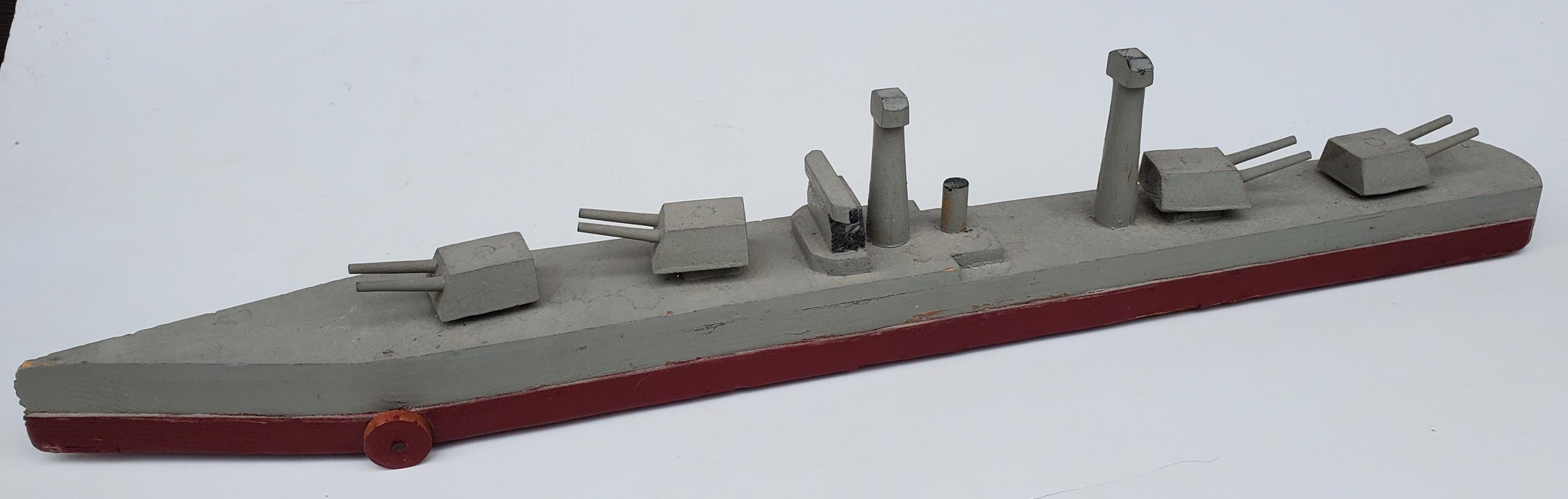 Antique Wooden Battleship Toy on Wheels - Rotating Turrets - 1940's Era ...