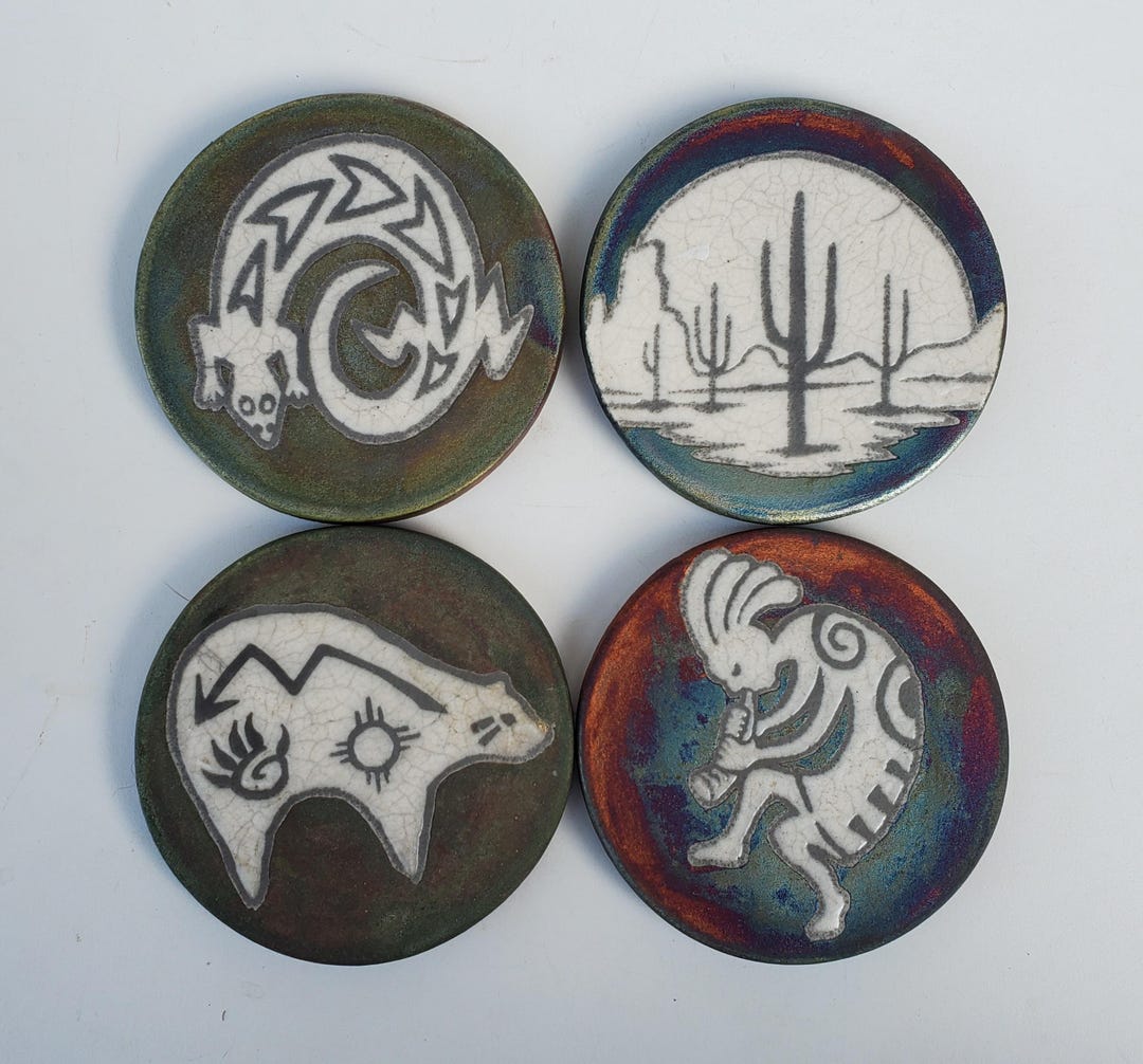 Jeremy Diller Maui Raku Pottery - Set of 4 Circular Petroglyph Scenic ...