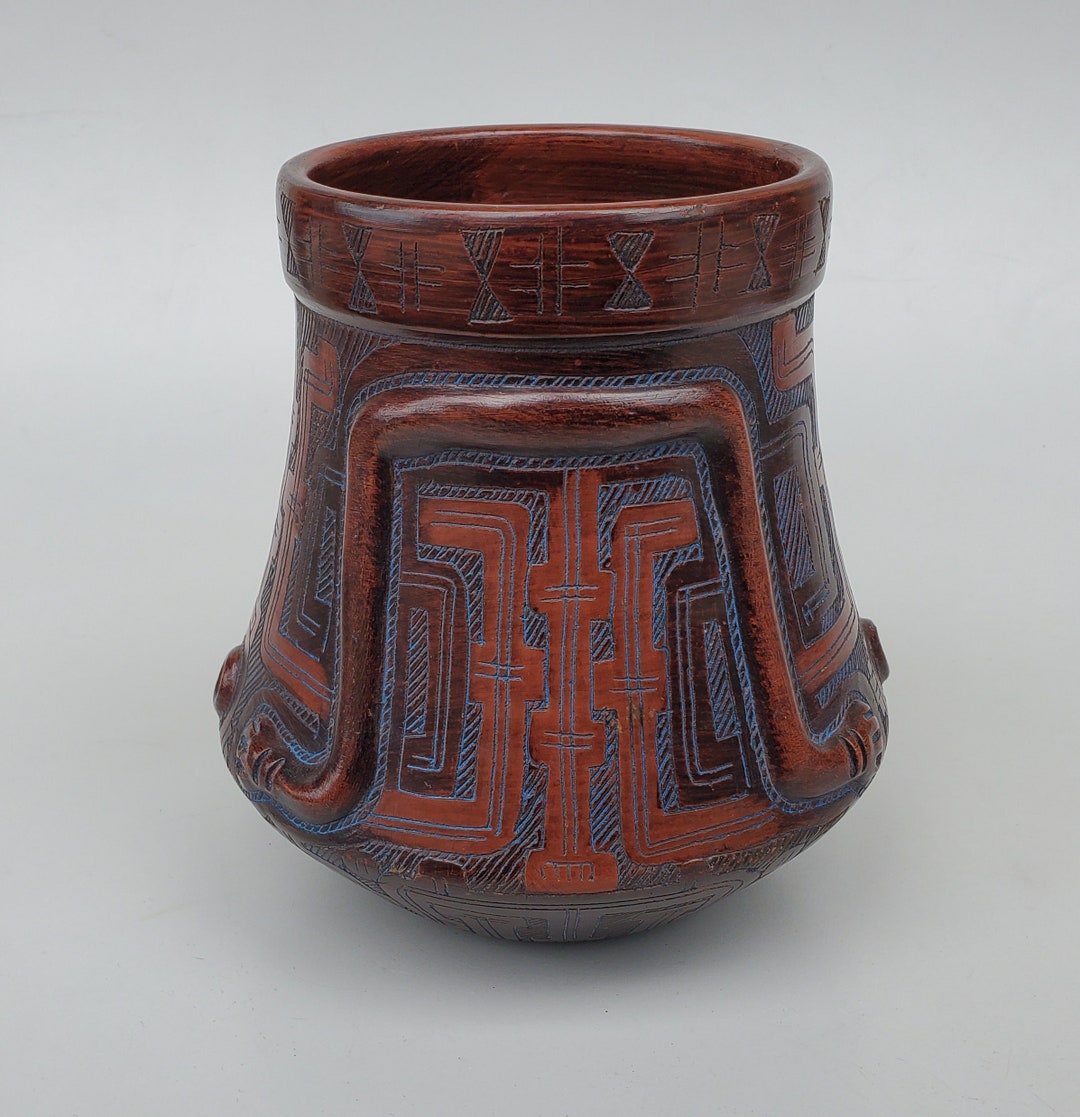 Brazilian Carved Pottery Vase Geometric Surface Design Large Hands ...