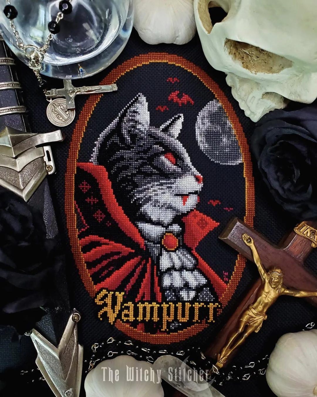 Vampurr - Cross Stitch Pattern - Vampire, Cat, Gothic, Bats, Moon ...