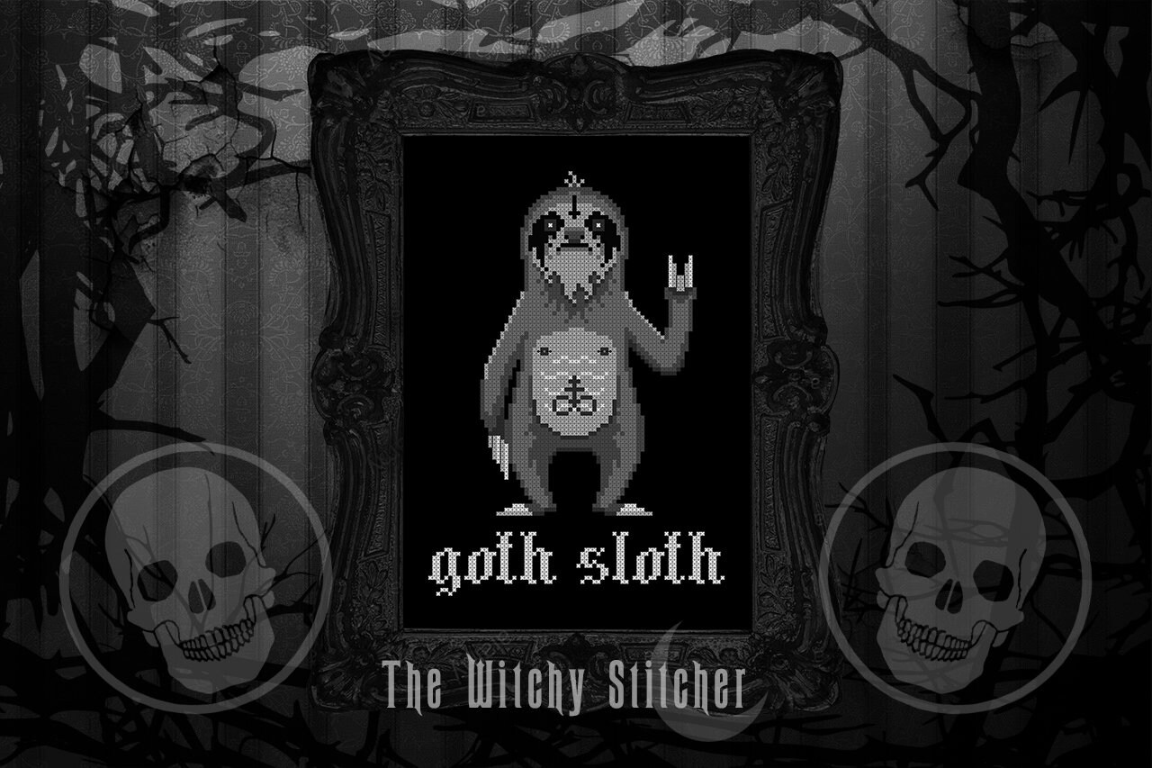Goth Sloth ~ Cross Stitch Pattern - Gothic, Animal, Corpse Paint, Sigil ...