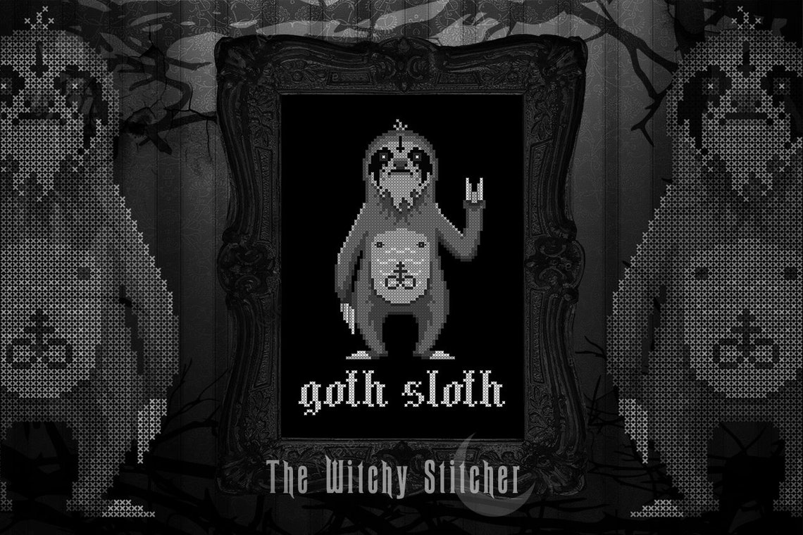 Goth Sloth ~ Cross Stitch Pattern - Gothic, Animal, Corpse Paint, Sigil, Funny, Cute, Goth Decor ...