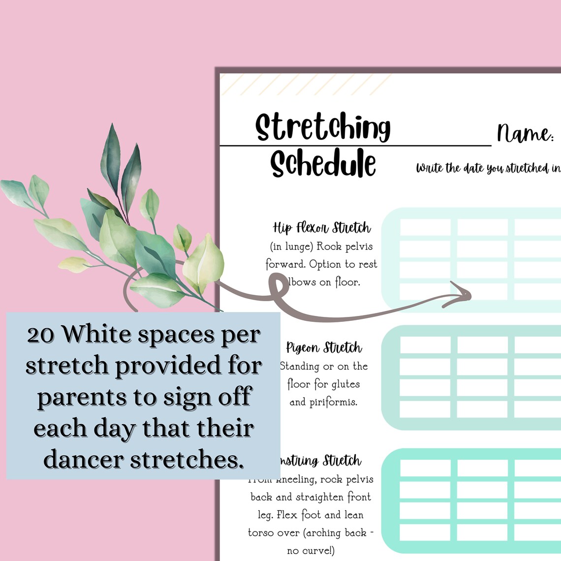 Printable Stretching Tracker, Dance Teacher Downloadable Worksheet ...