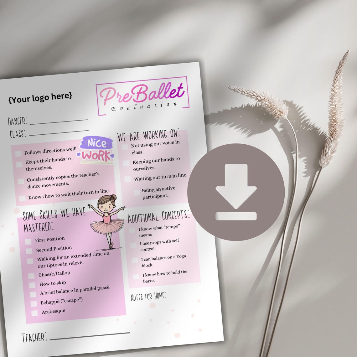 Preschool Ballet Evaluation, Studio Skill Checklist, Dance Planner ...