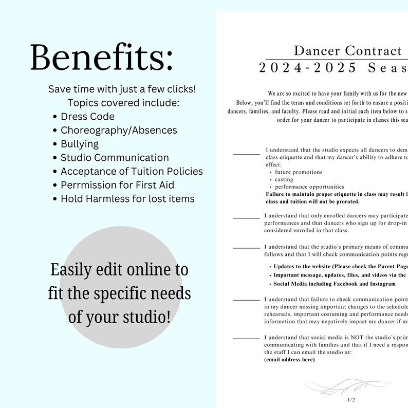 Dancer Contract for Dance Teachers & Studios, Ballet School, Editable ...