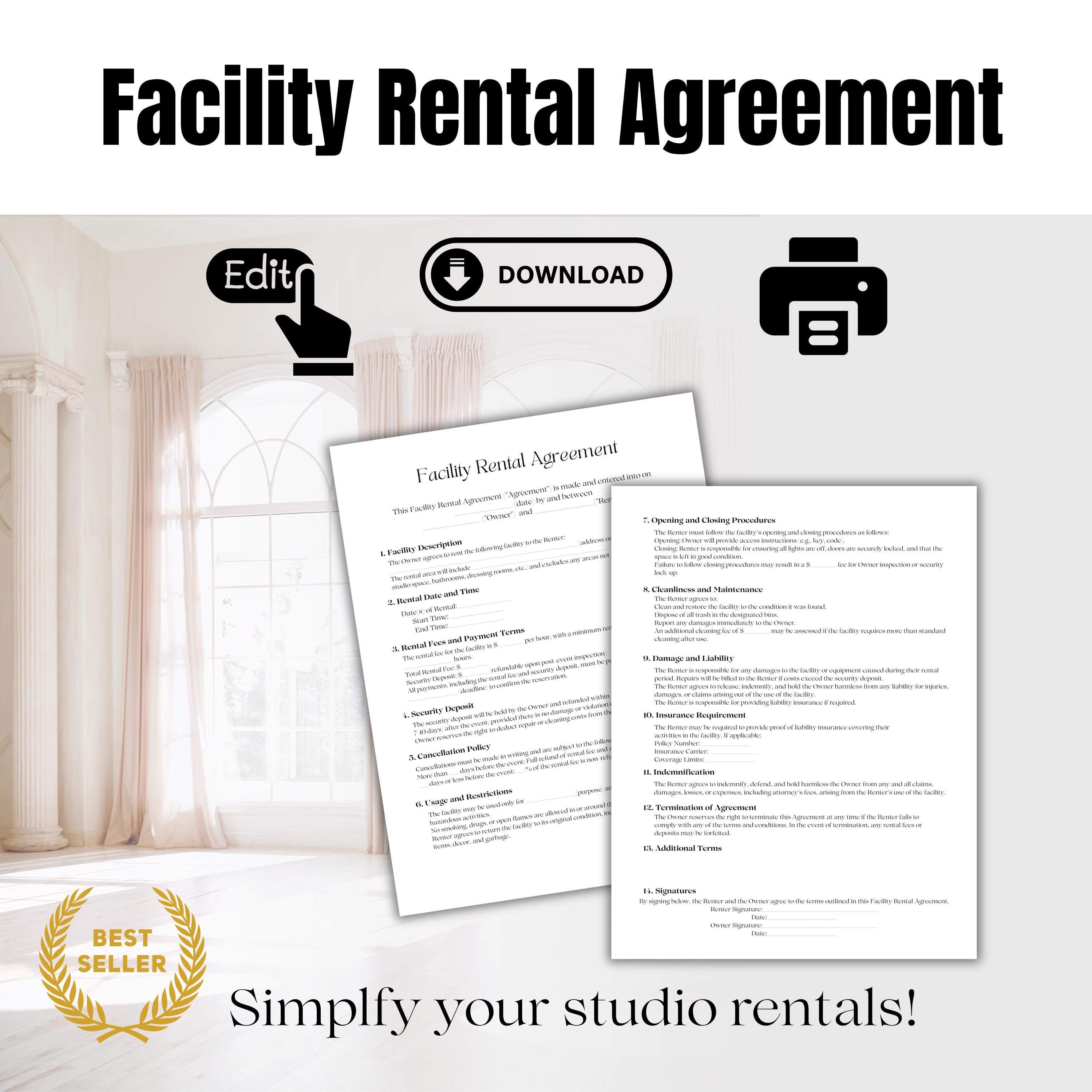 Dance Studio Facility Rental Agreement Template | Editable Contract for ...