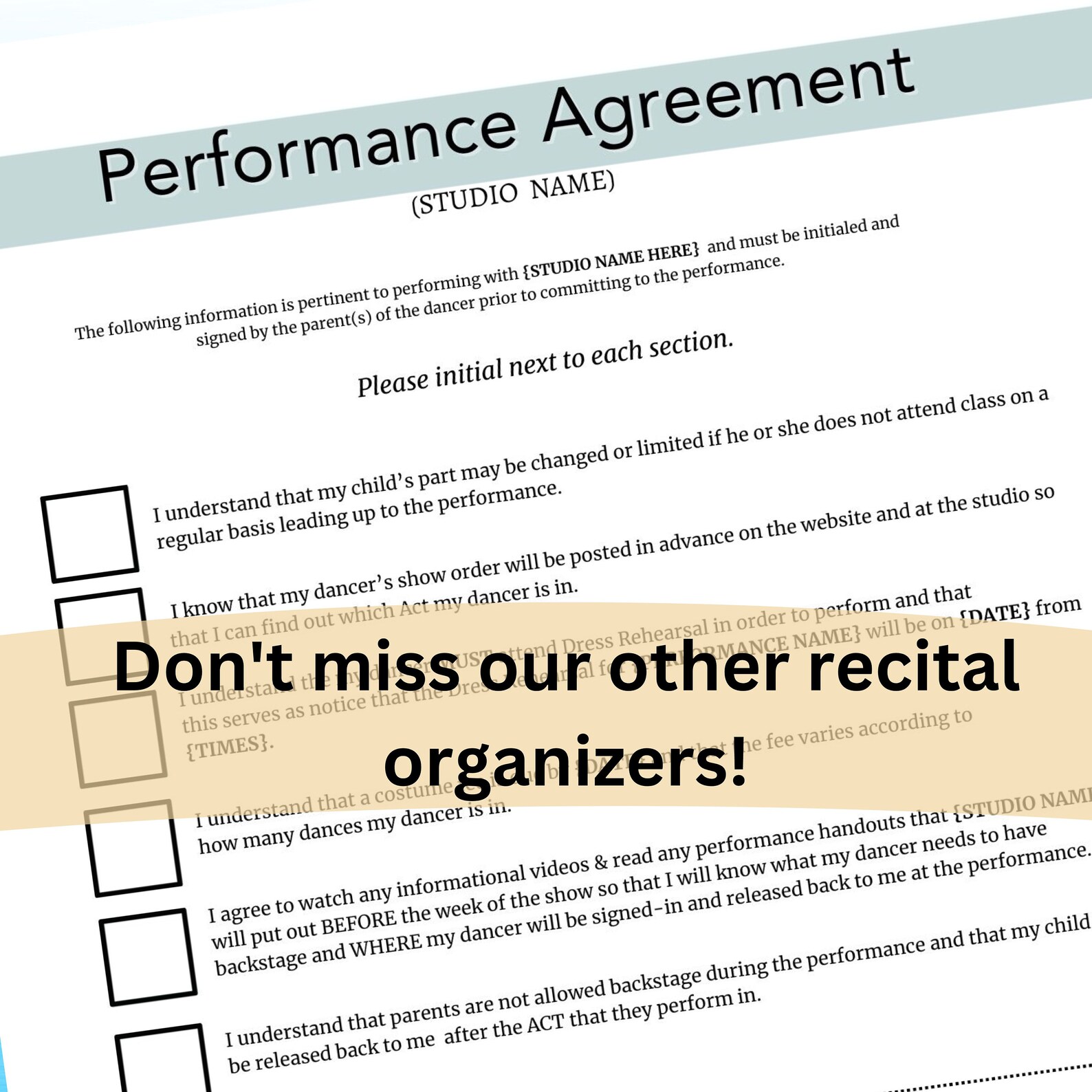 Editable Dance Studio Performance Agreement Template, Customizable Performance Contract Teacher ...