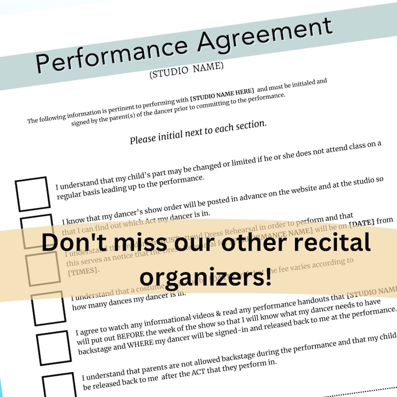 Editable Dance Studio Performance Agreement Template, Customizable ...