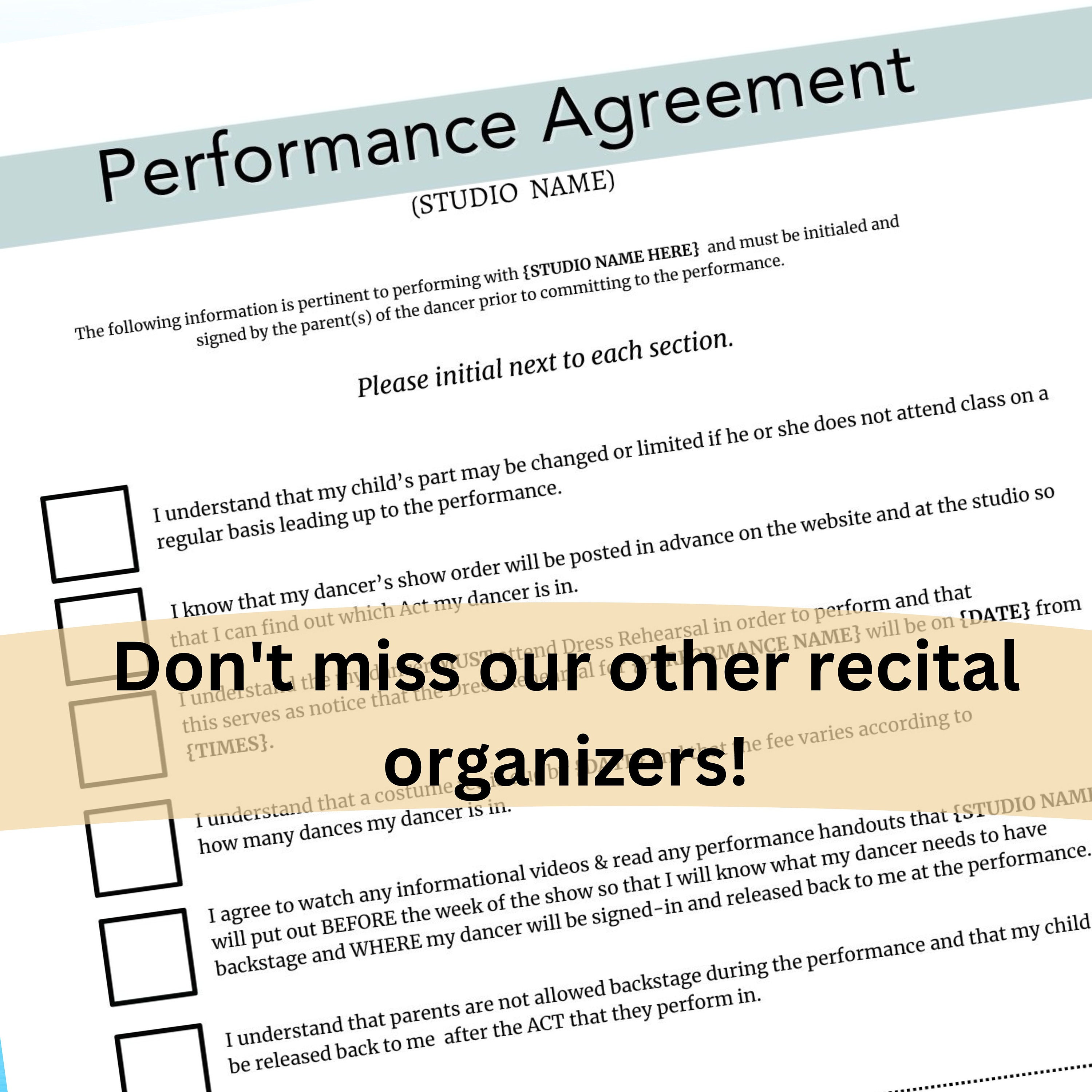 Editable Dance Studio Performance Agreement Template, Customizable ...
