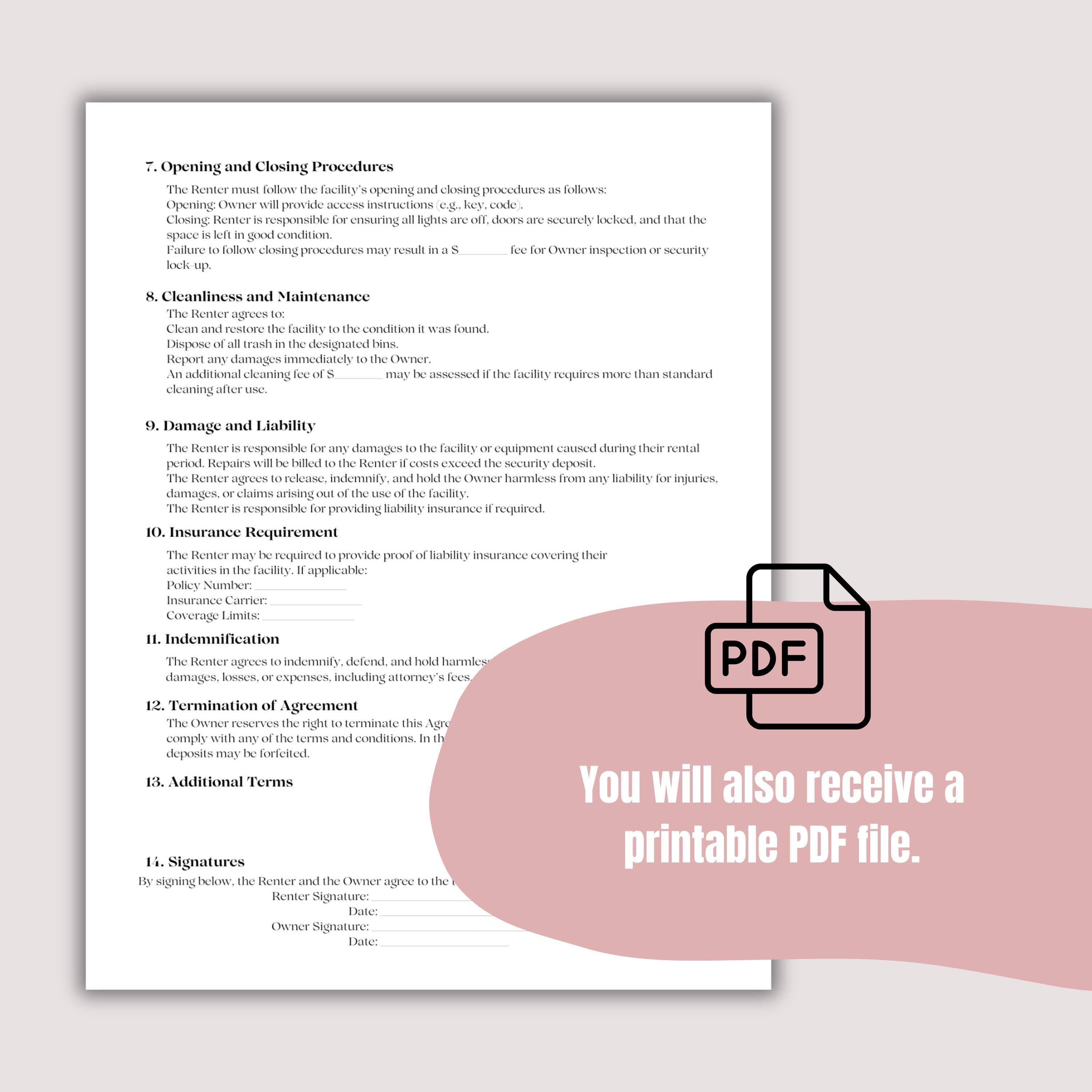 Dance Studio Facility Rental Agreement Template | Editable Contract for ...