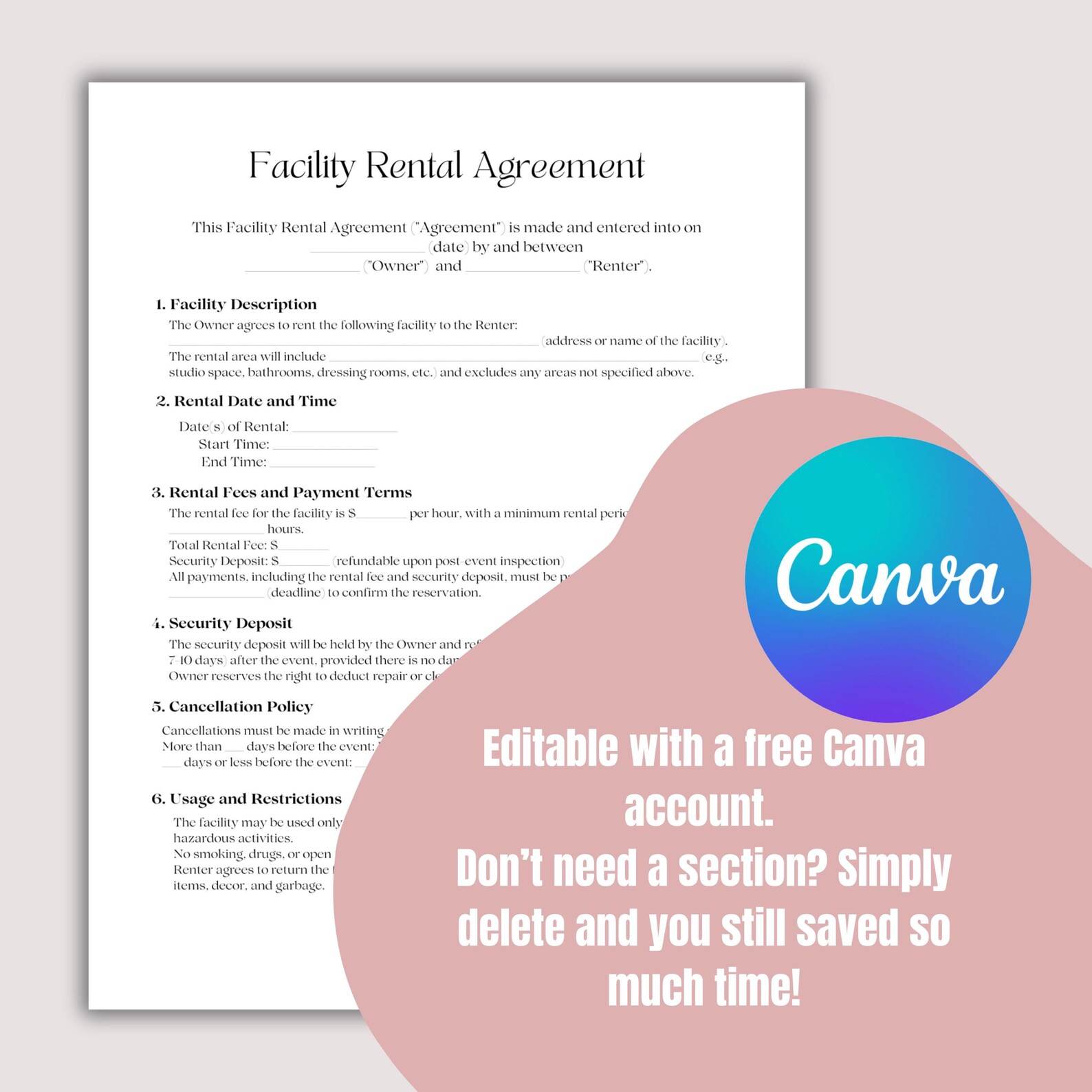 Dance Studio Facility Rental Agreement Template | Editable Contract for ...