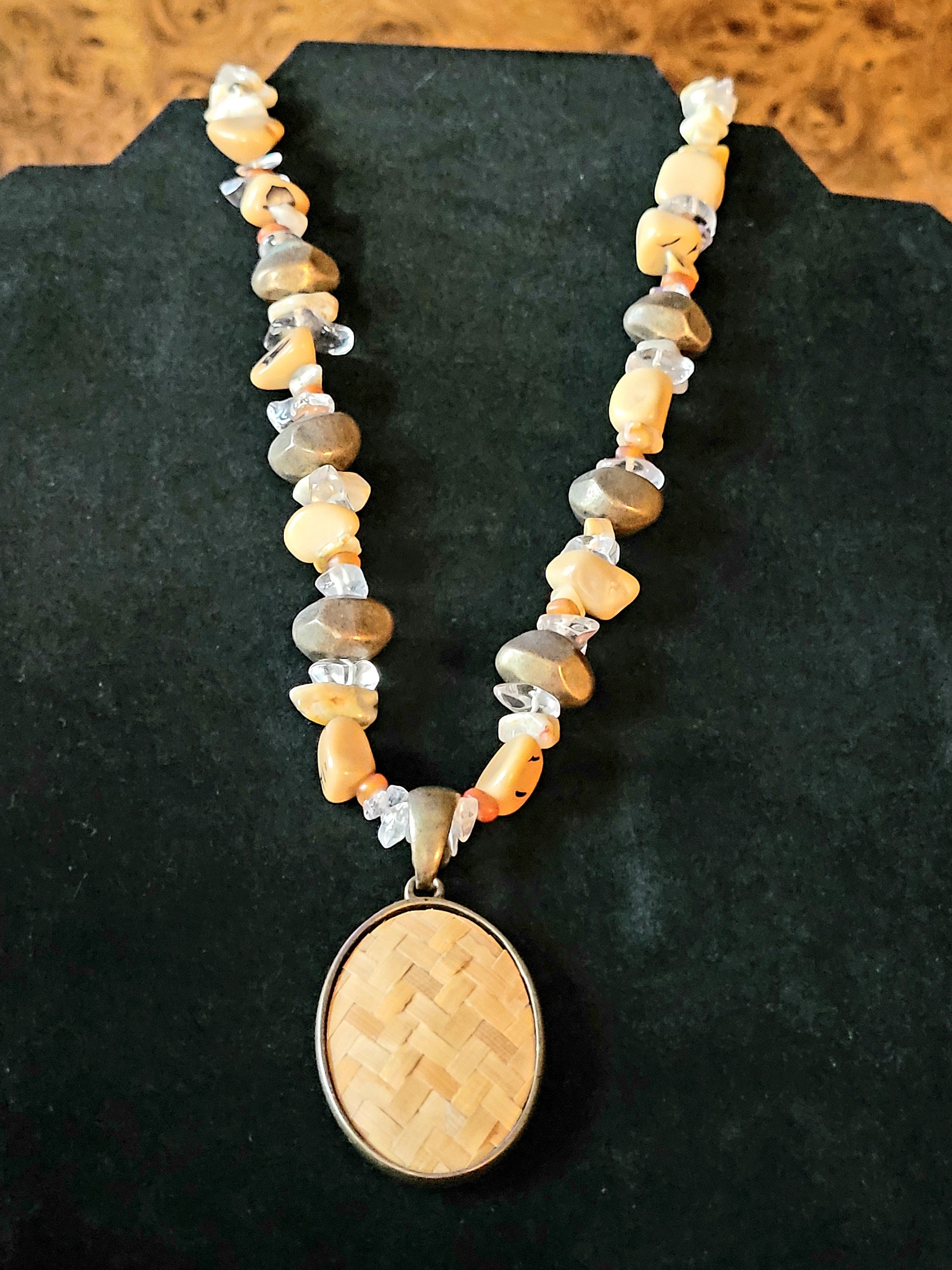 Vintage Carolyn Tanner Wicker, Stone, & Glass Bead Necklace - Etsy