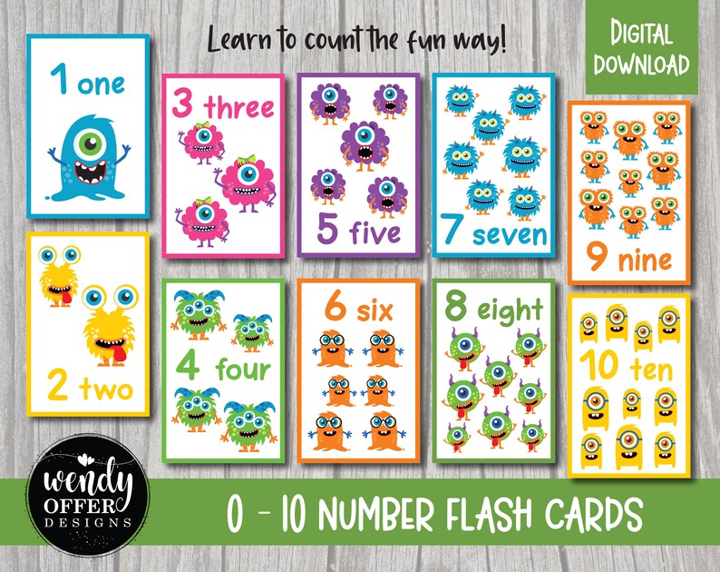 Printable Number Cards 1-10, Number Flash Cards, Monster Flash Cards ...