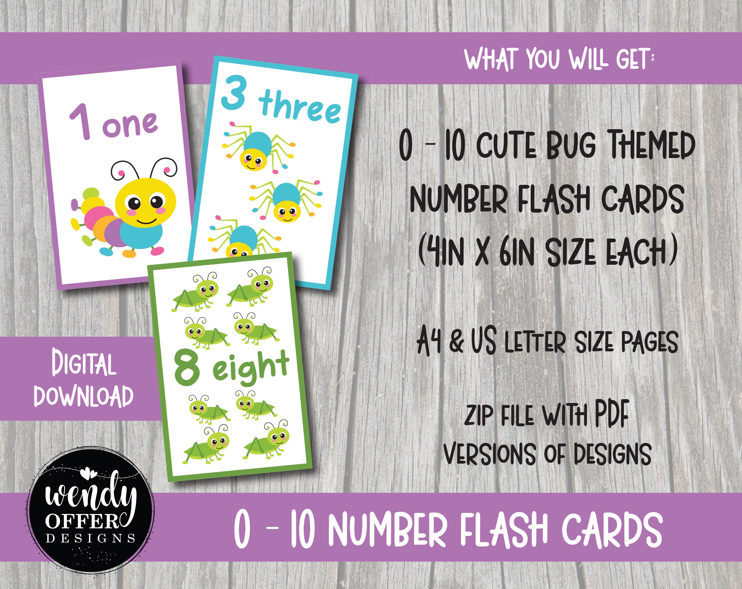 Printable Cute Bug Numbers, Number Flash Cards, Bug Flash Cards ...