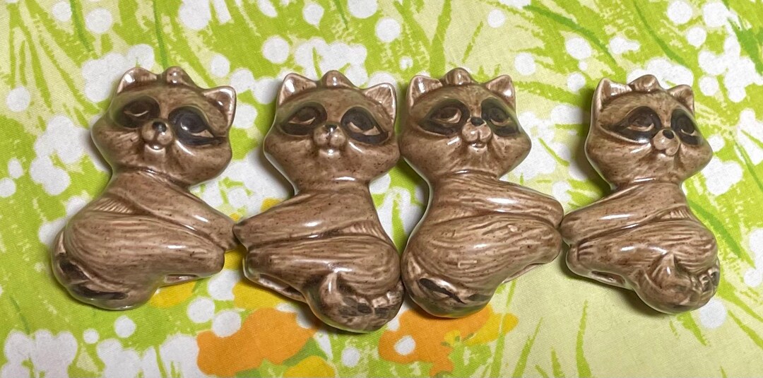 Lot of 4 Vintage Racoon Macrame Beads ~ Painted & Glazed Ceramic MCM ...