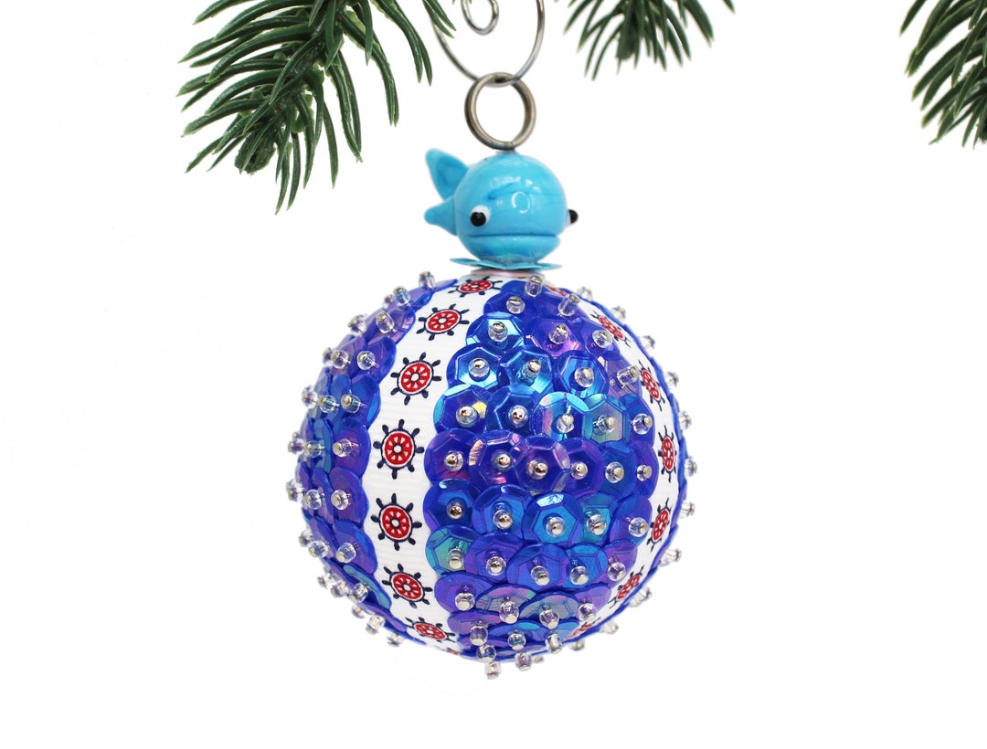 Whale Ornament With Ship's Wheel Ribbon and Iridescent Peacock Blue ...