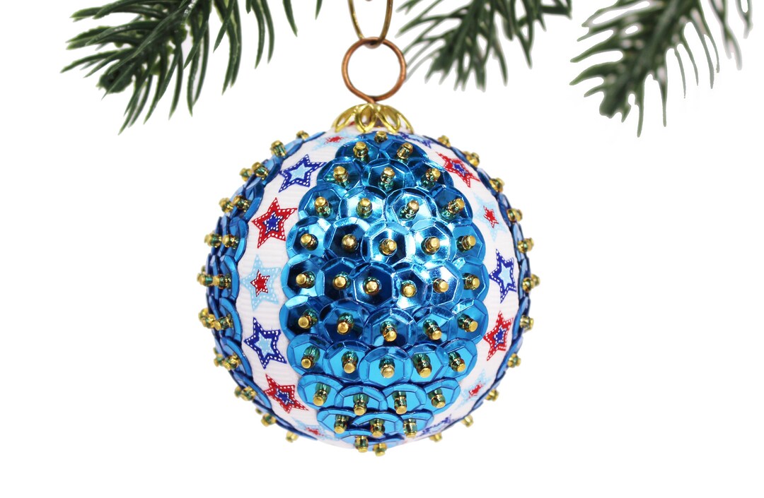 Patriotic Americana Ornament With Patchwork Stars Ribbon and Metallic ...