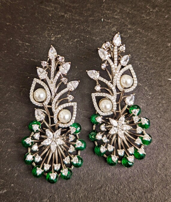 Rhodium Black Finish Cubic Zirconia Flower Drop Earrings Designer Indian Earrings Statement Earrings Crystal green Earrings