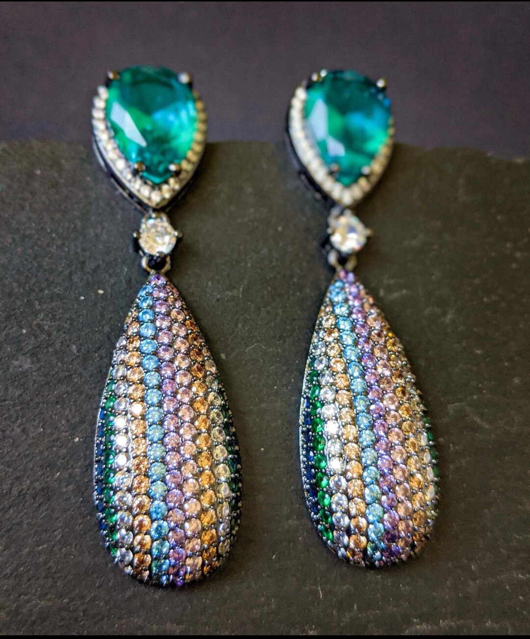 Pave Zirconia Multi Color Dangle Earrings/ Green Stud Tear Drop ...