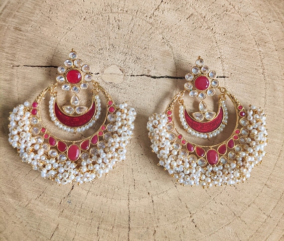 Pearl Red Enamel Large Chandbali Earrings Bridal Chandbali Earrings Punjabi Pearl Earrings Wedding Large Chanbali Indian Earrings