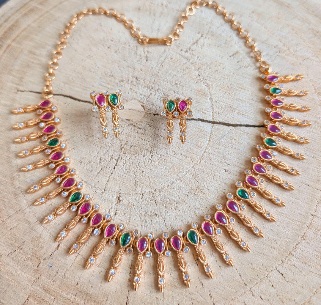 Matte Gold Necklace Set / South Indian Jewelry / Temple Jewelry / CZ ...