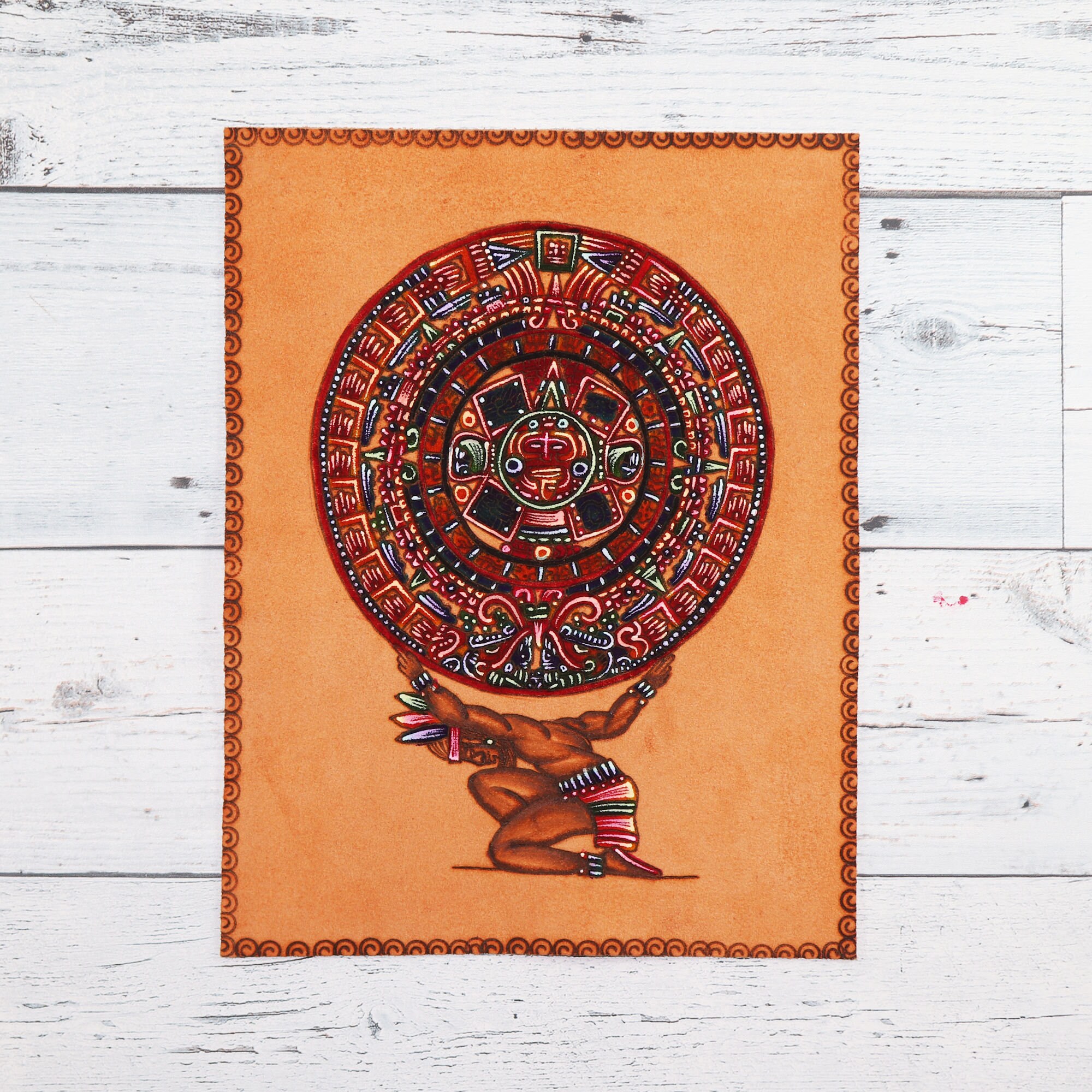Aztec Calendar Wall Art - Hand Painted - Made in Mexico - Vintage Suede ...
