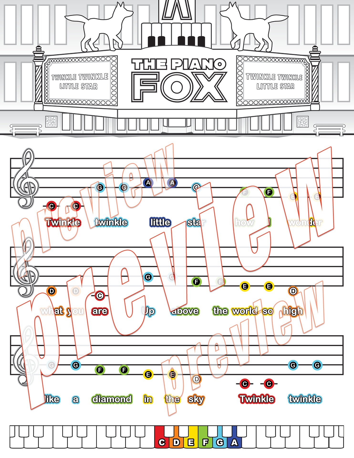 Twinkle Twinkle Little Star Sheet Music for Kids Plus bonus Coloring ...