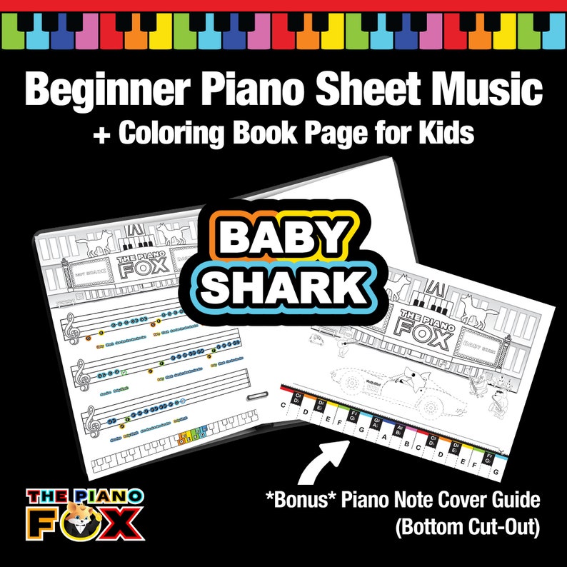 Baby Shark Piano Piano Sheet Music & Coloring Book Page for Kids With ...