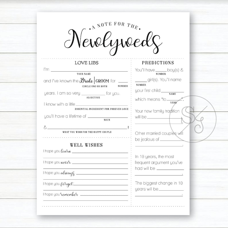 Wedding Wishes Cards Wedding Mad Libs Notes For The Married Couple