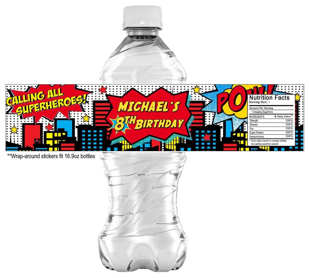 Superhero Water Bottle Labels, Self-adhesive, Personalized Custom, 8 ...