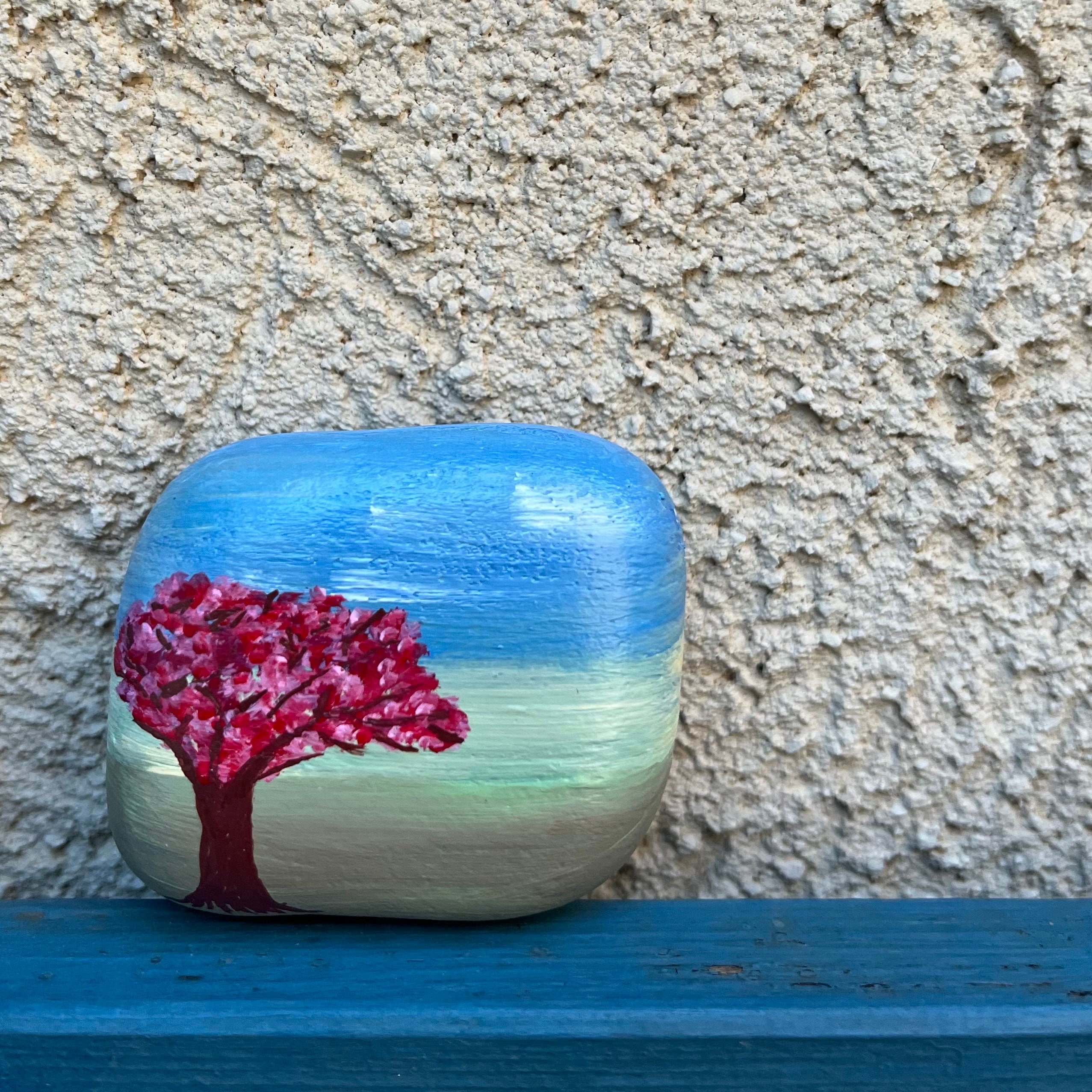 Tree Painted Rock, Tree Painted Stone, Pink Red Blossom Tree,nature ...