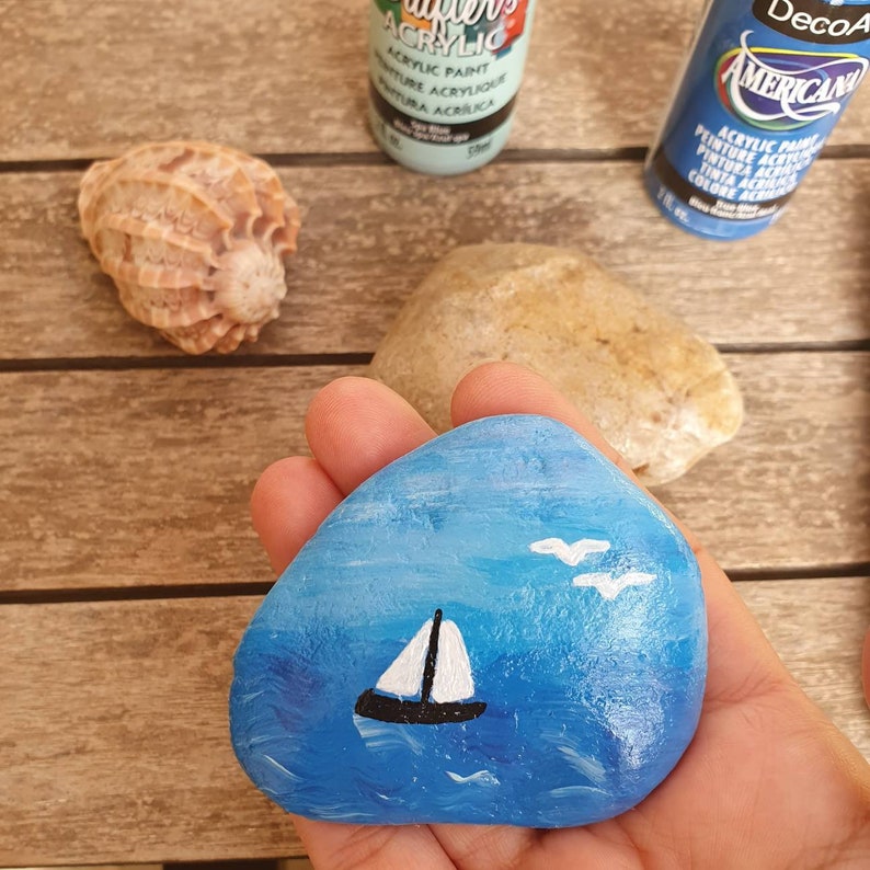 Boat at Sea Painted Stone, Boat Painted Rock, Sea Painted Stone, Sea ...