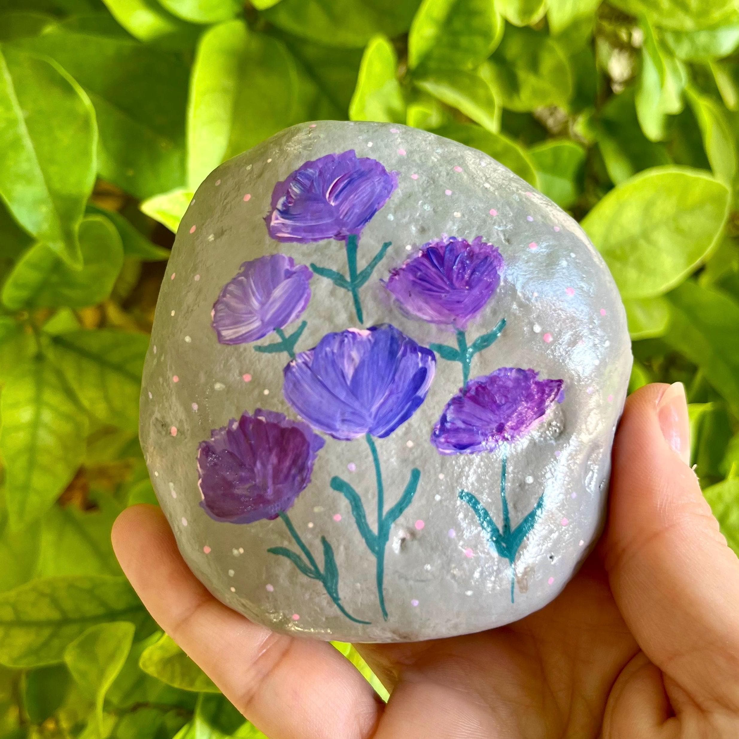 Purple Flowers Painted Rock, Lila Flowers Stone, Botanic Painting ...