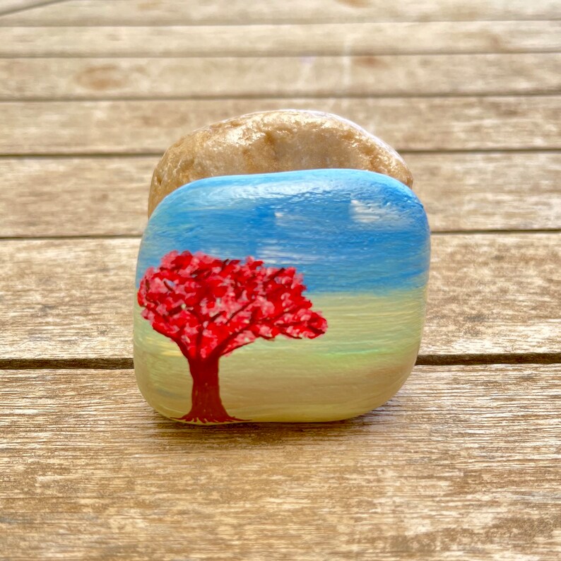 Tree Painted Rock, Tree Painted Stone, Pink Red Blossom Tree,nature ...