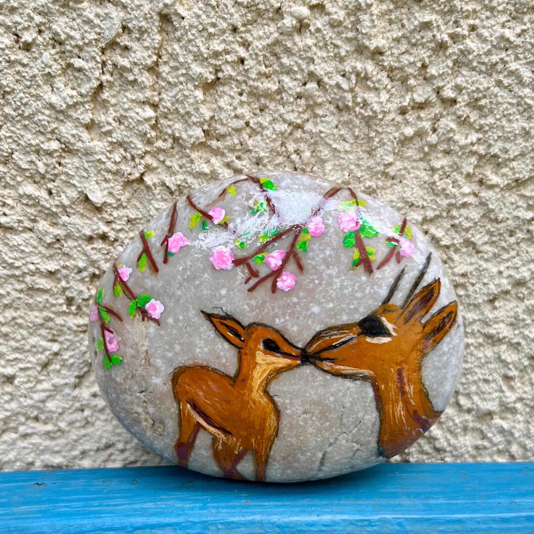Deer and Fawn Painted Stone, Mother and Son, Nature Inspired Art ...